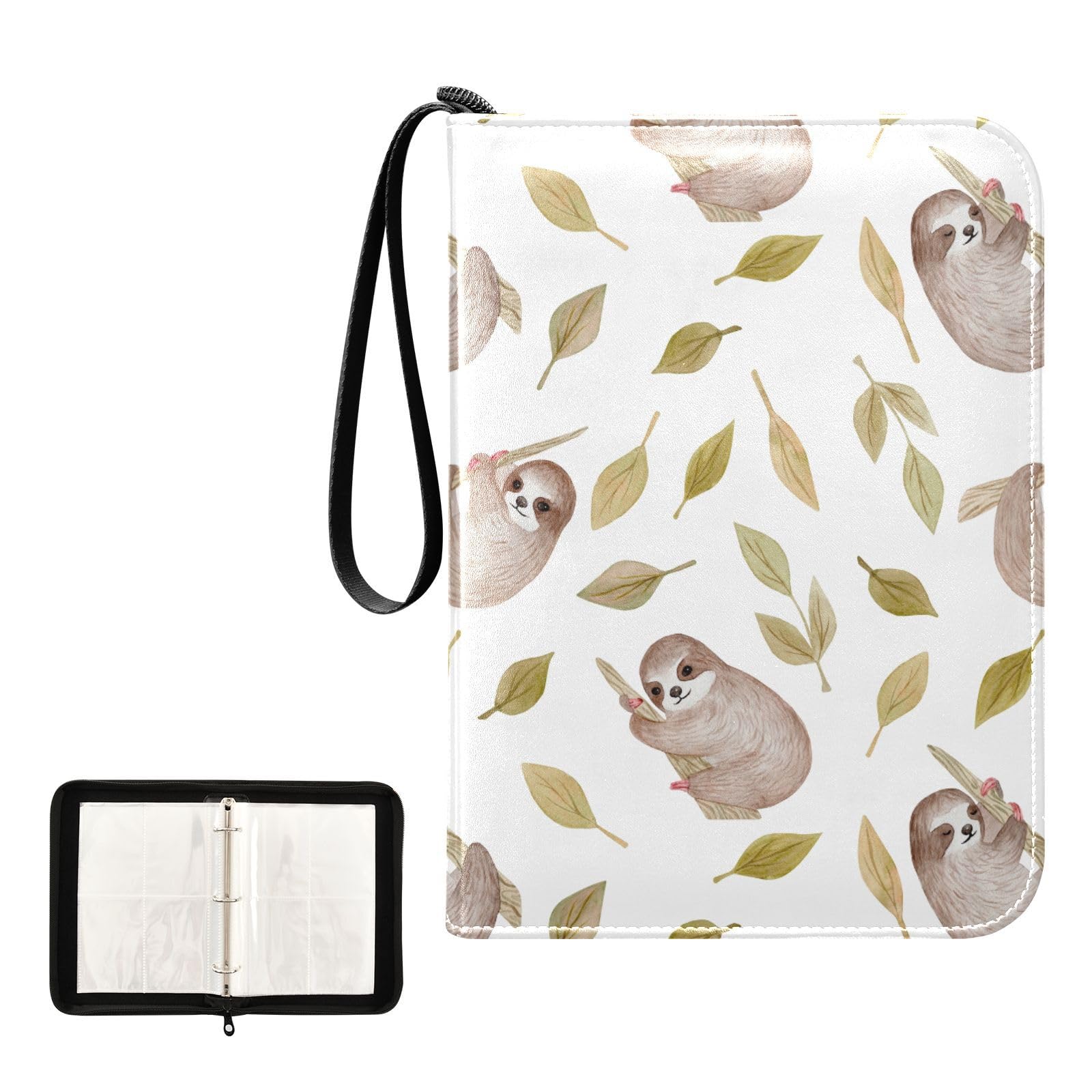 PYBUG Cute Sloth Trading Card Binder with Nylon Strap 4-Pocket Waterproof PU Leather Card Collection Binder for 400 Cards Sturdy Card Holder Folders for Game Cards,Sports Cards