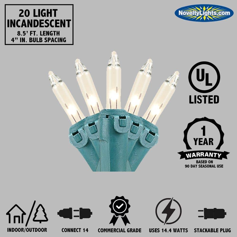 Novelty Lights 20 Light Clear Christmas Craft Mini Light Set, Green Wire, 8' Long