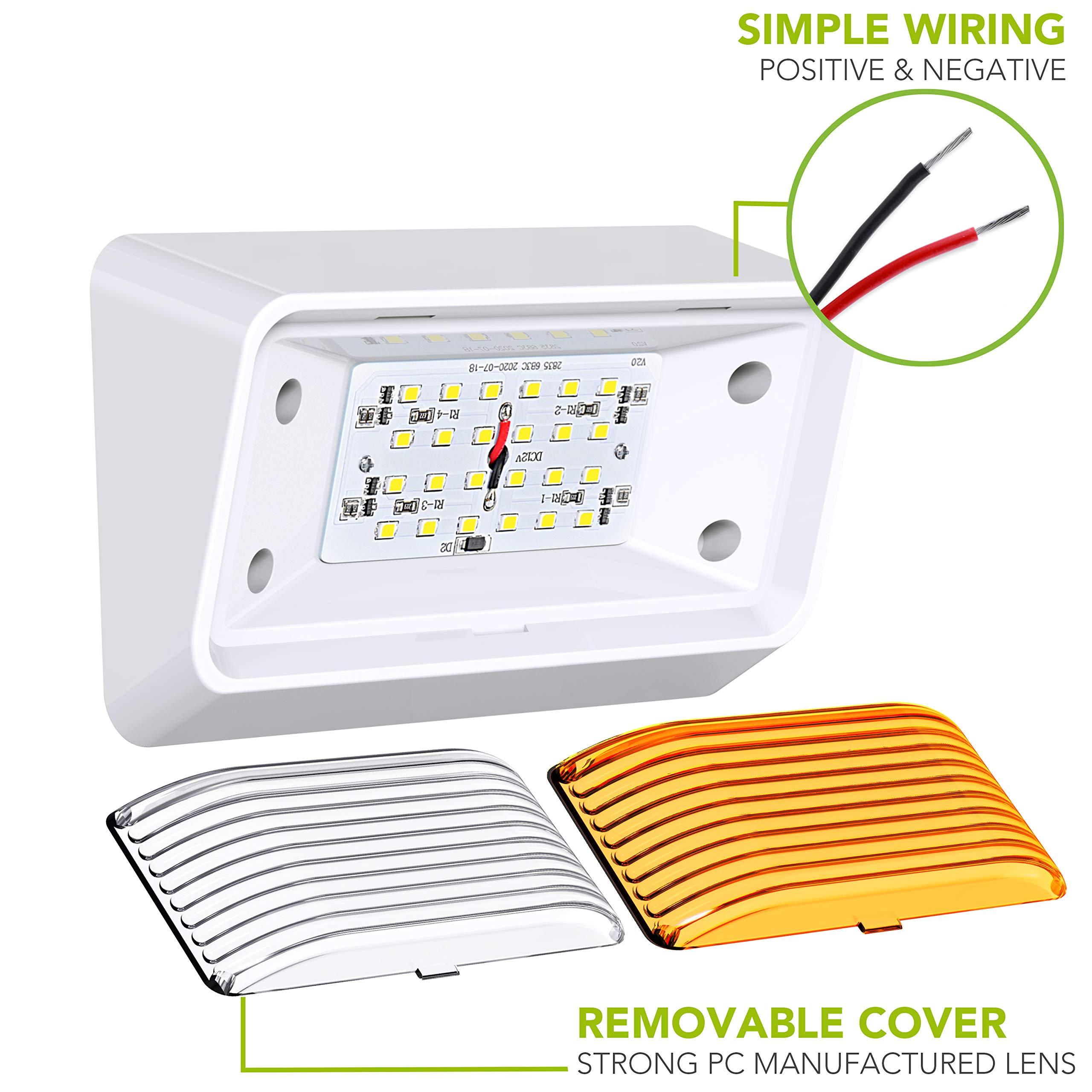 Leisure LED RV Exterior Porch Utility Light - 12v 280 Lumen Lighting Fixture. Replacement Lighting for RVs, Trailers, Campers, 5th Wheels. White Base, Clear and Amber Lens Included (White, 1-Pack)