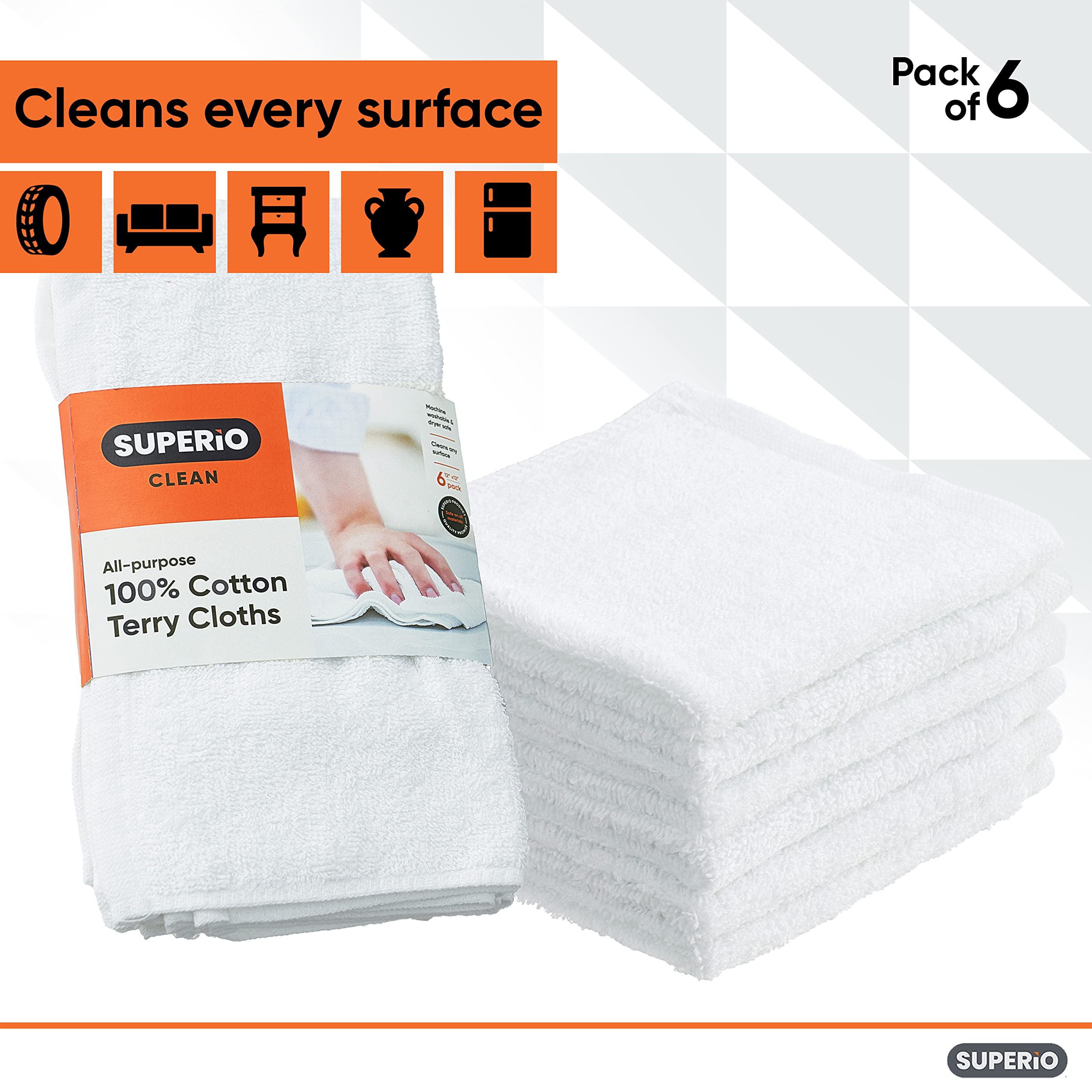 Superio Terry Cloth Rags White Washcloths 100% Cotton 12" Cleaning Cloths, Kitchen Towels, Facial Washcloth, Spa Cloths, Hand Towel, Small Lint Free Rags for Multi-Purposes (6 Pack)