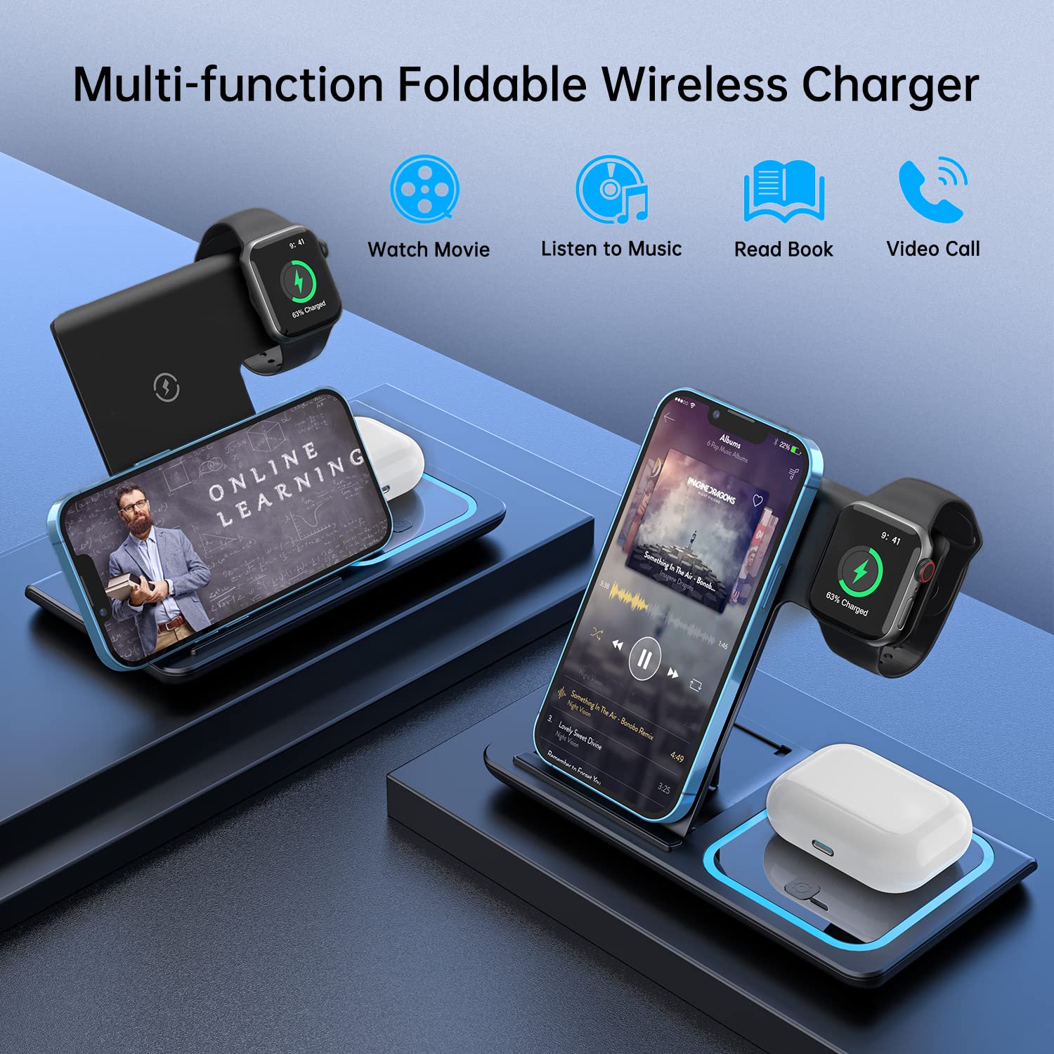 Wireless Charger, 3 in 1 Fast Wireless Charging Station Dock Compatible with iPhone 13/12/11/Pro/XS/XR/X/SE/8/8 Plus, 18W Wireless Charger Stand Compatible with Apple Watch Series 6/5/4/3/2/AirPods