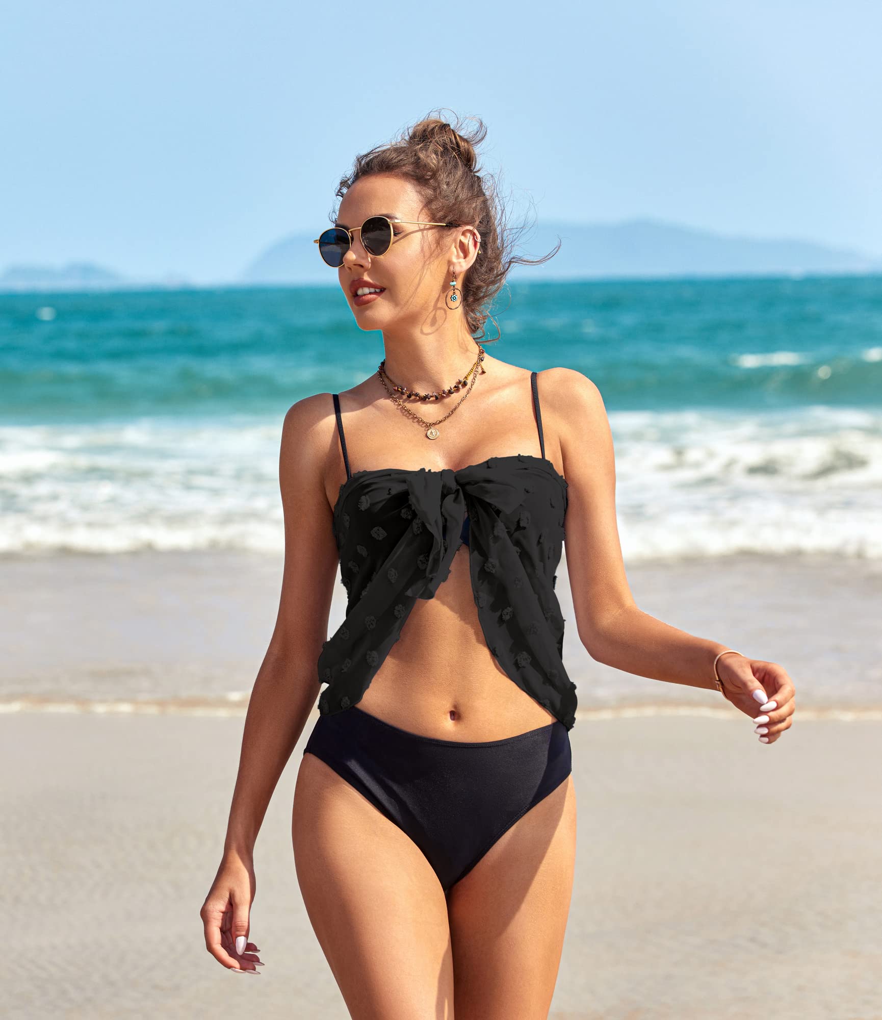 Ekouaer 2 Pcs Sarong Coverups for Women Beach Wrap Skirt Chiffon Swimsuit Coverup for Swimwear Black/Apricot Dot,Medium