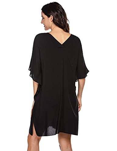 Ekouaer Women's Beach Bikini Cover Up Oversized Swimsuit V-Neck Beachwear Shirt Bathing Suit Coverups Dress,Black