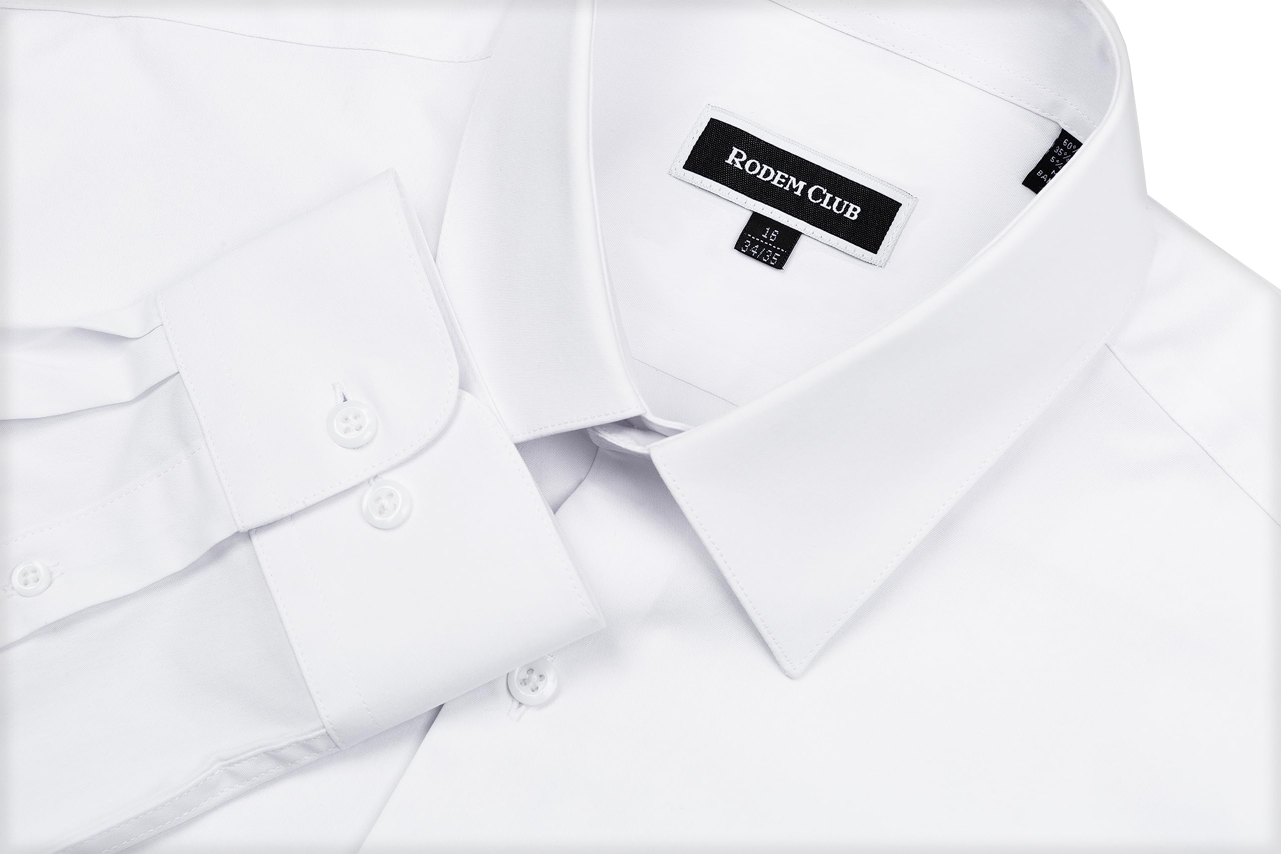 RODEM CLUB Men's Dress Shirt Regular Fit Long Sleeve Wrinkle-Resistant Business Formal Solid Button Down Shirts with Pocket (White, 17.5" Neck 34"-35" Sleeve)