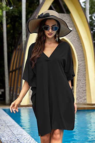 Ekouaer Women's Beach Bikini Cover Up Oversized Swimsuit V-Neck Beachwear Shirt Bathing Suit Coverups Dress,Black