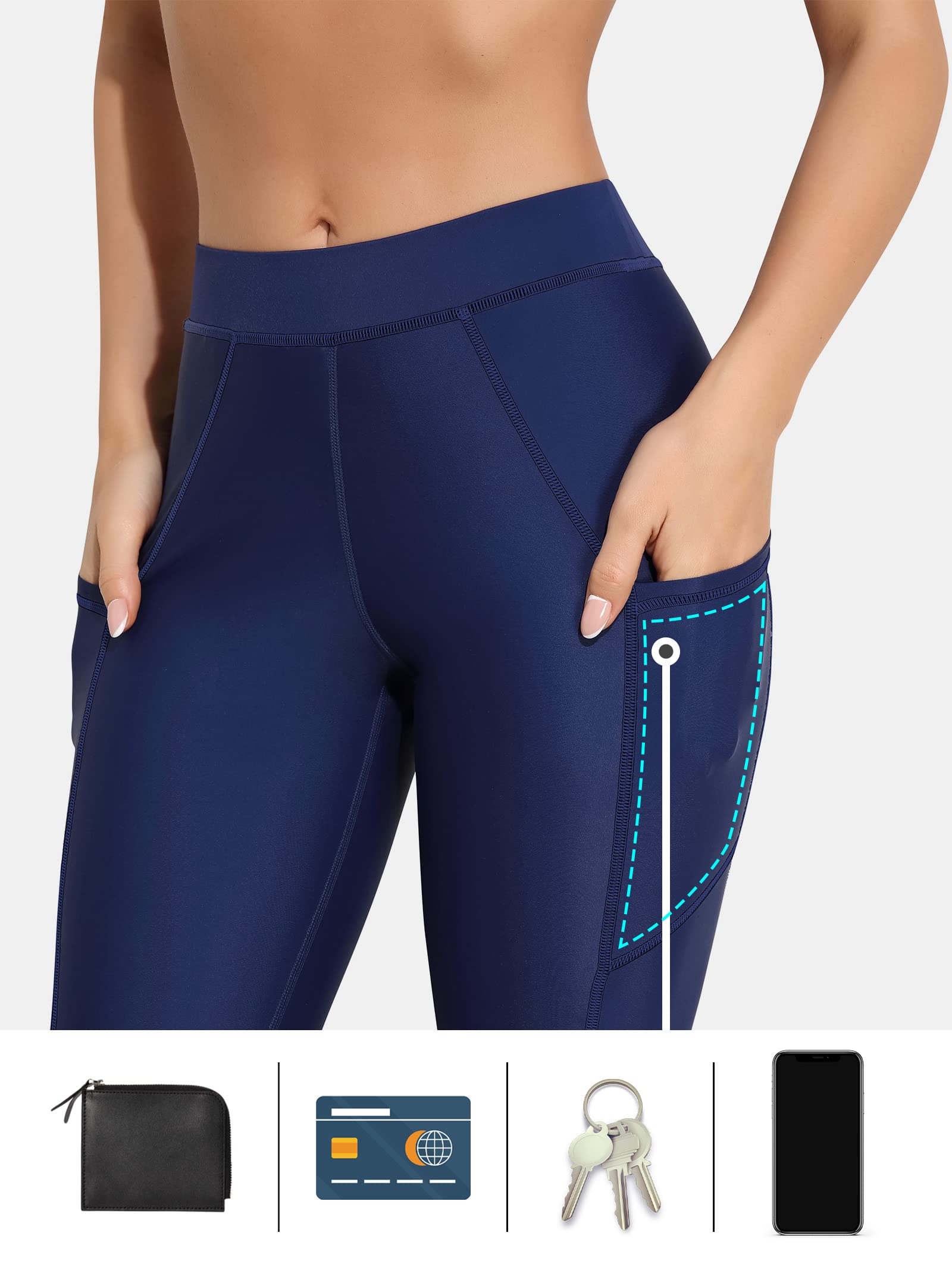ATTRACO Women Swimming Pants High Waisted Swim Tights Swim Leggings with Pockets Navy L