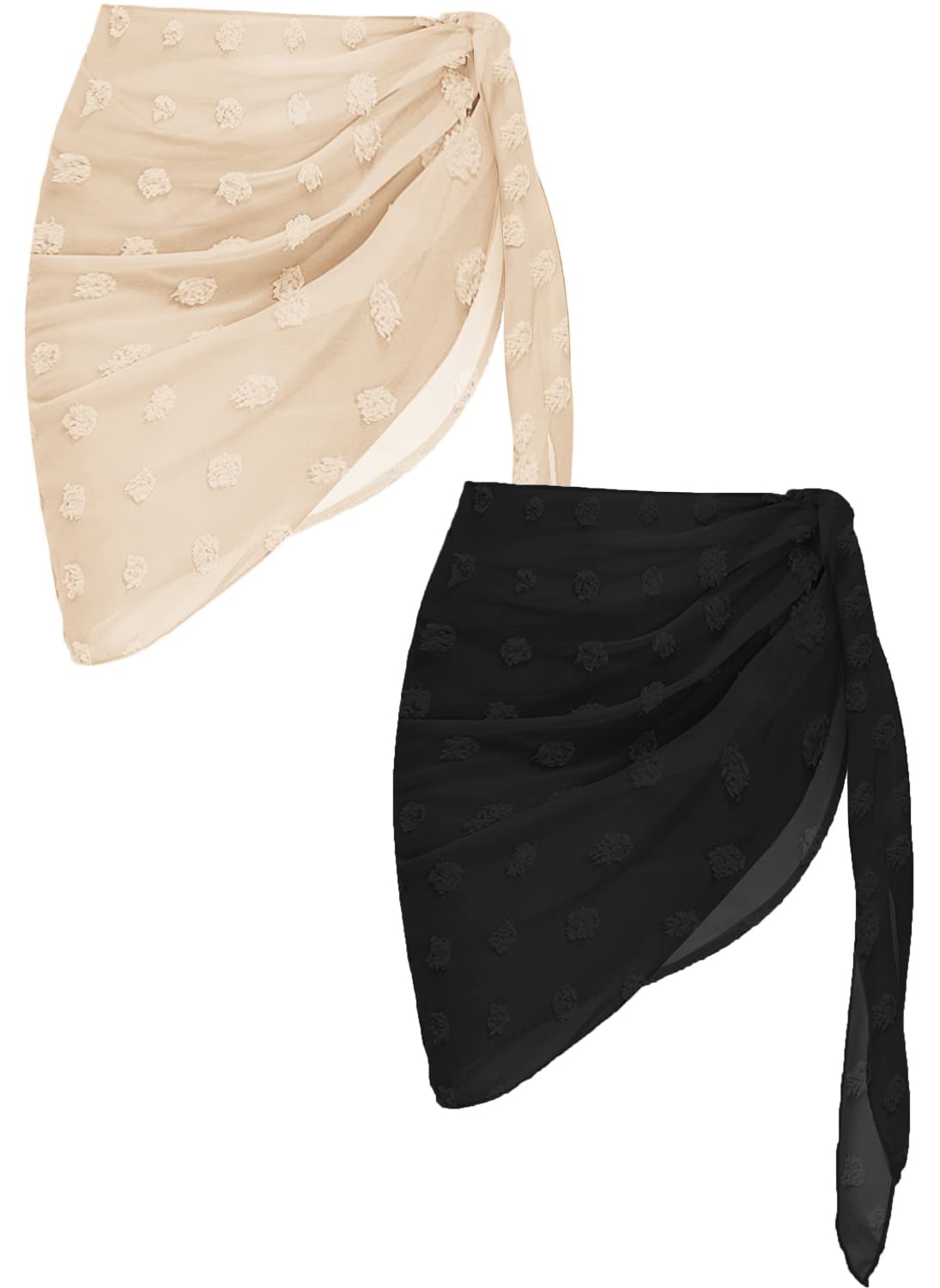 Ekouaer 2 Pcs Sarong Coverups for Women Beach Wrap Skirt Chiffon Swimsuit Coverup for Swimwear Black/Apricot Dot,Medium