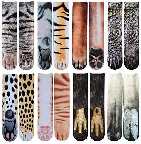 8 Pairs Animal Paw Socks Funny Weird Christmas Gifts Stocking Stuffers Novelty Crazy Crew Socks for Women Men Boys Girls Kids (35cm, Dinosaur Cat Tiger Leopard Eagle Dog Orange Cat Camel)