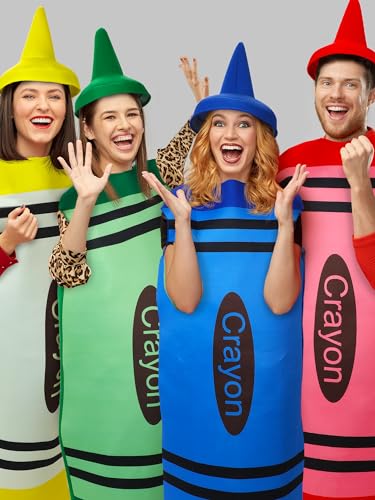 Xtinmee 4 Set Crayon Costume for Adults, Halloween Crayon Fancy Dress Funny Outfit for Halloween Cosplay Dress up, One Size (Yellow, Red, Green, Blue)