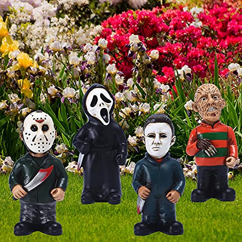 Horror Movie Garden Gnomes Decoration Outdoor Statue Nightmare Jason Michael Myers Figurines Lawn Halloween Decor (4PCS)