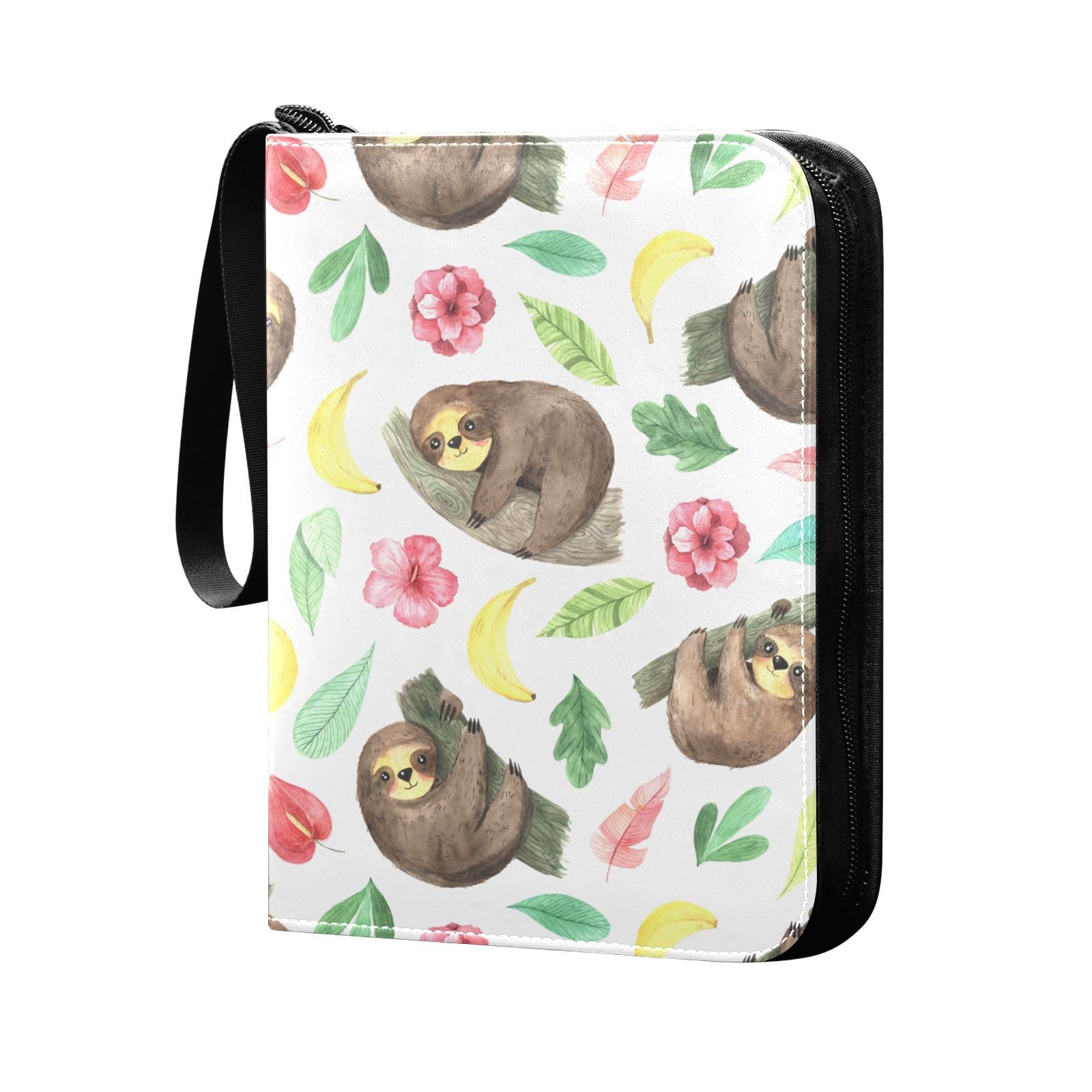 PYBUG Cute Sloth Trading Card Binder with Nylon Strap 4-Pocket Waterproof PU Leather Card Collection Binder for 400 Cards Sturdy Card Holder Folders for Game Cards,Sports Cards