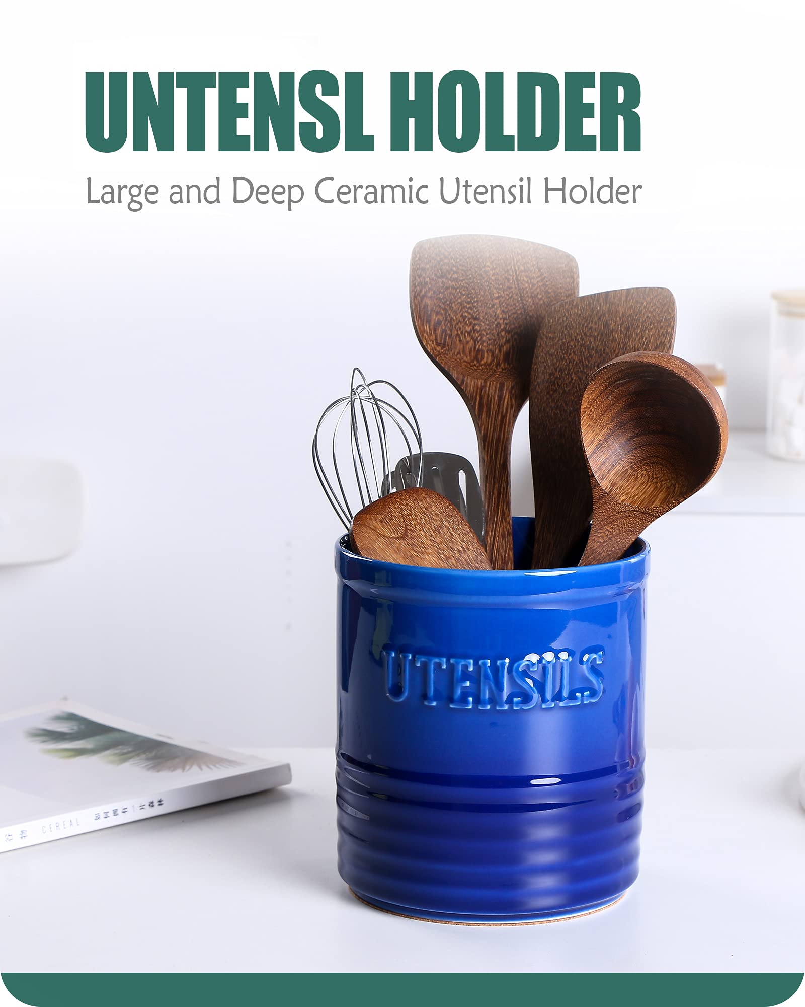 Kitchen Utensil Holder, Lareina Utensil Caddy for Countertop & Ceramic Batter Bowl With Handle and Pour Spout