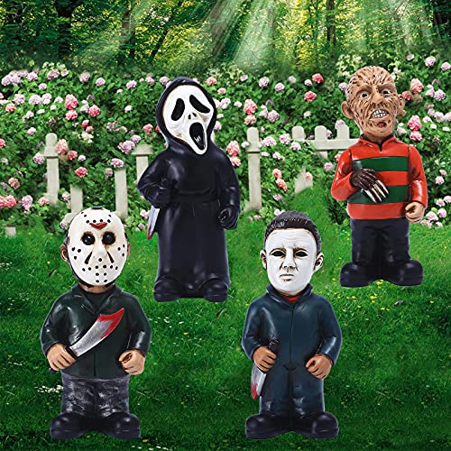 Horror Movie Garden Gnomes Decoration Outdoor Statue Nightmare Jason Michael Myers Figurines Lawn Halloween Decor (4PCS)