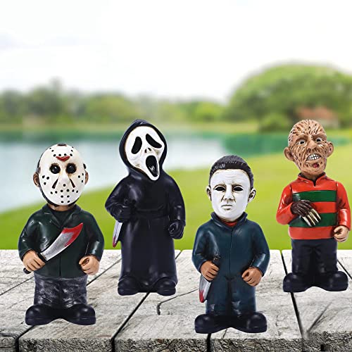 Horror Movie Garden Gnomes Decoration Outdoor Statue Nightmare Jason Michael Myers Figurines Lawn Halloween Decor (4PCS)