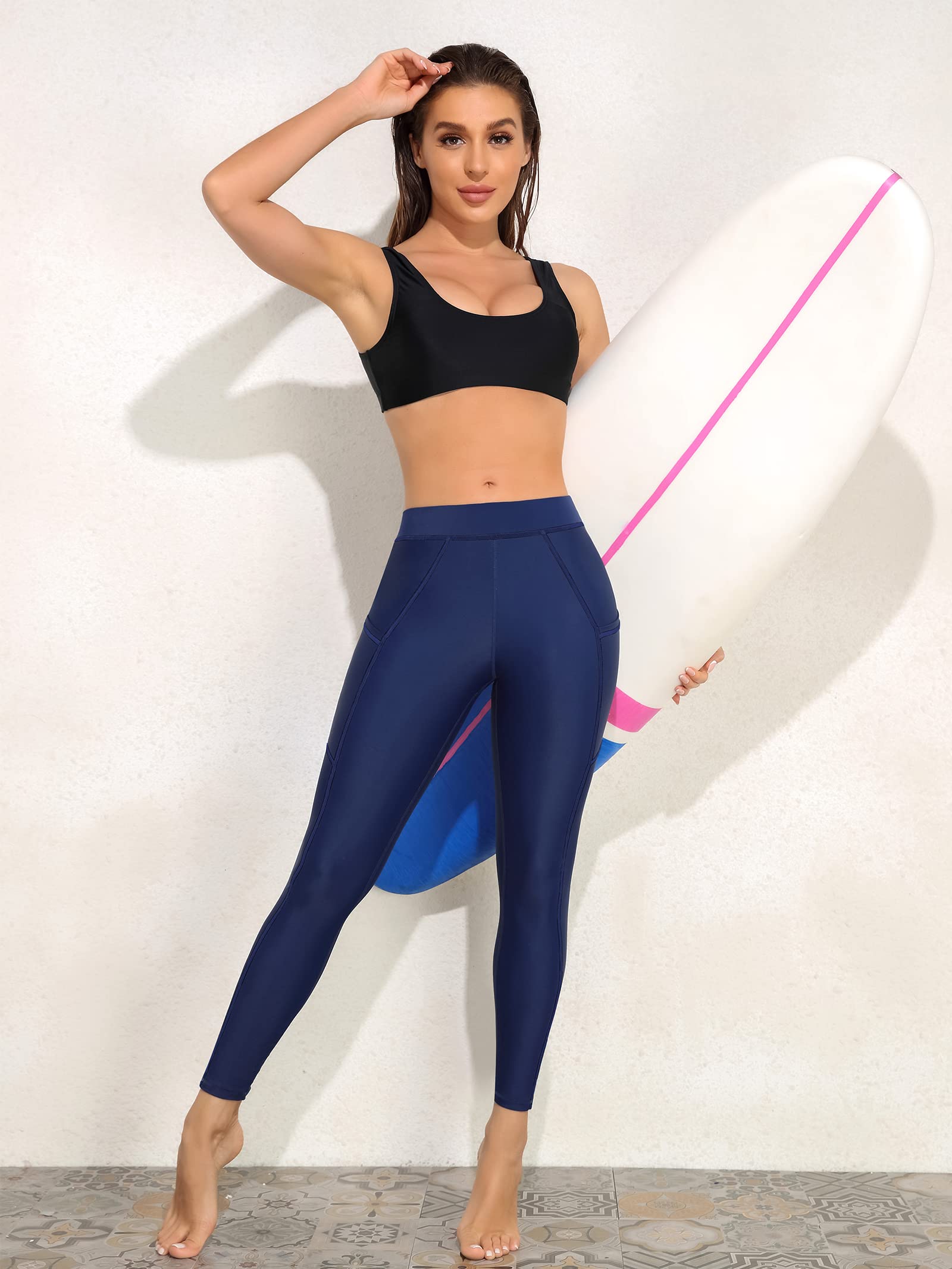 ATTRACO Women Swimming Pants High Waisted Swim Tights Swim Leggings with Pockets Navy L