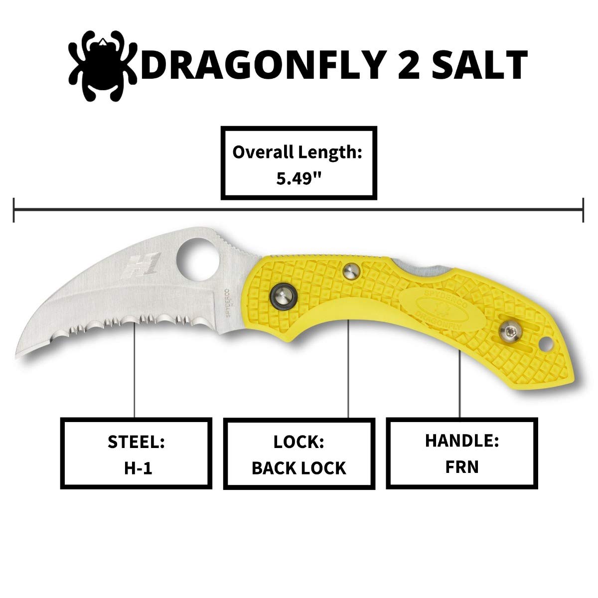 Spyderco Dragonfly 2 Lightweight Salt Knife with 1.97" H-1 Hawkbill Steel Blade and High-Strength Yellow FRN Handle - SpyderEdge - C28SYL2HB