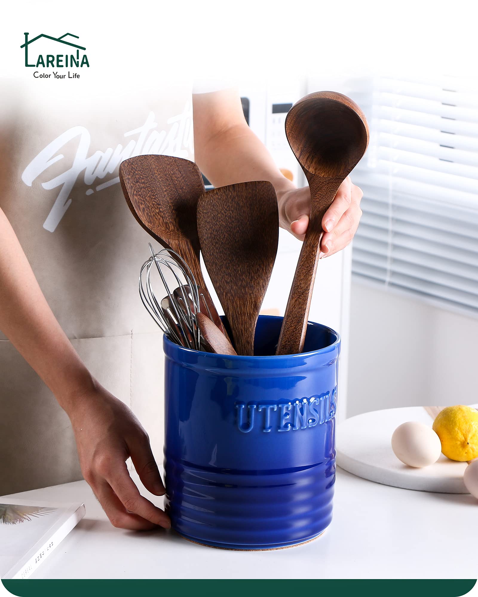 Kitchen Utensil Holder, Lareina Utensil Caddy for Countertop & Ceramic Batter Bowl With Handle and Pour Spout