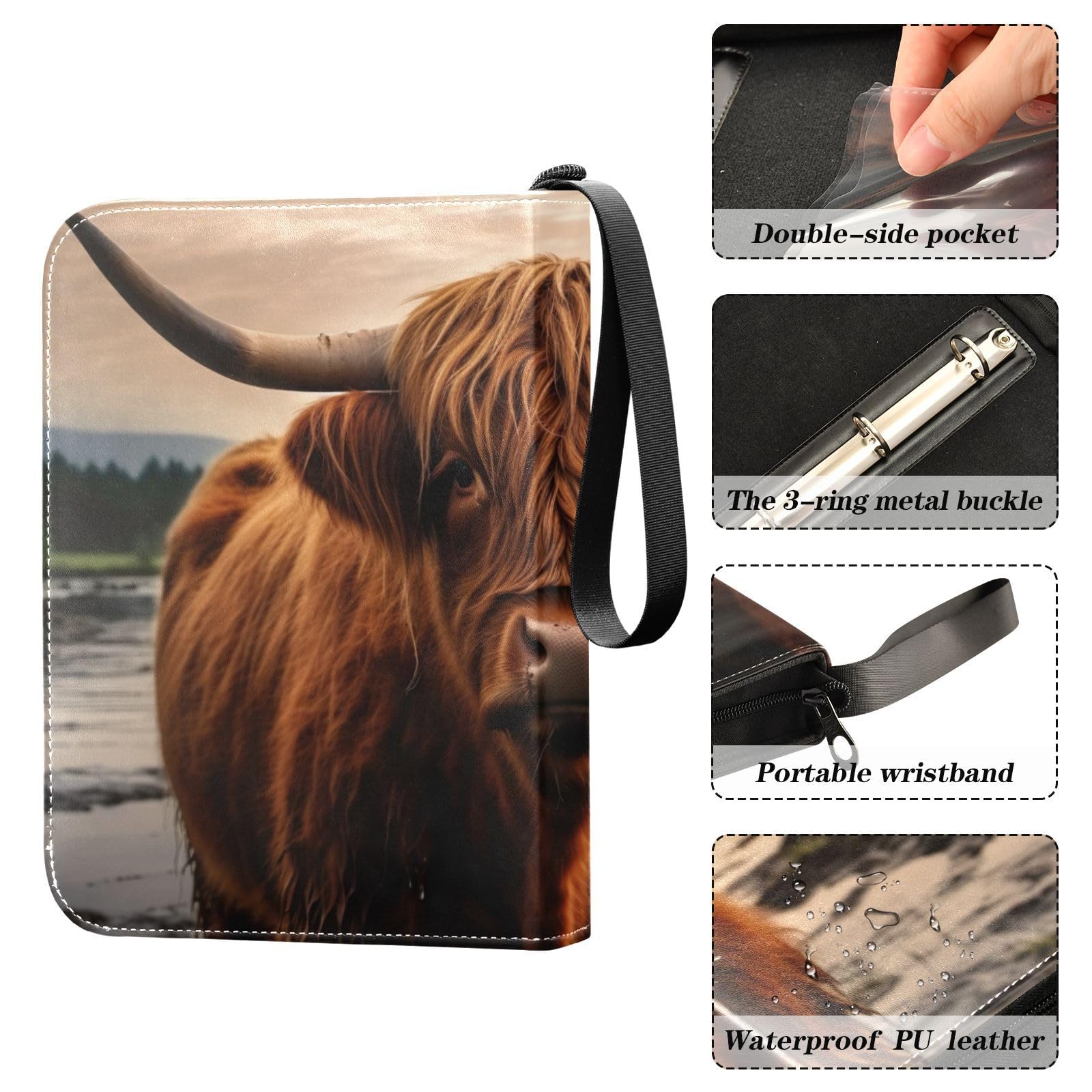 PYBUG Highland Cow Trading Card Binder with Nylon Strap 4-Pocket Waterproof PU Leather Card Collection Binder for 400 Cards Sturdy Card Holder Folders for Game Cards,Sports Cards