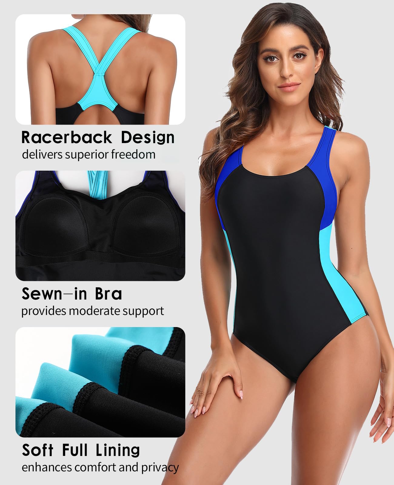 beautyin Womens Swimsuit One Piece Modest Athletic Swimming Suits L Black Blue