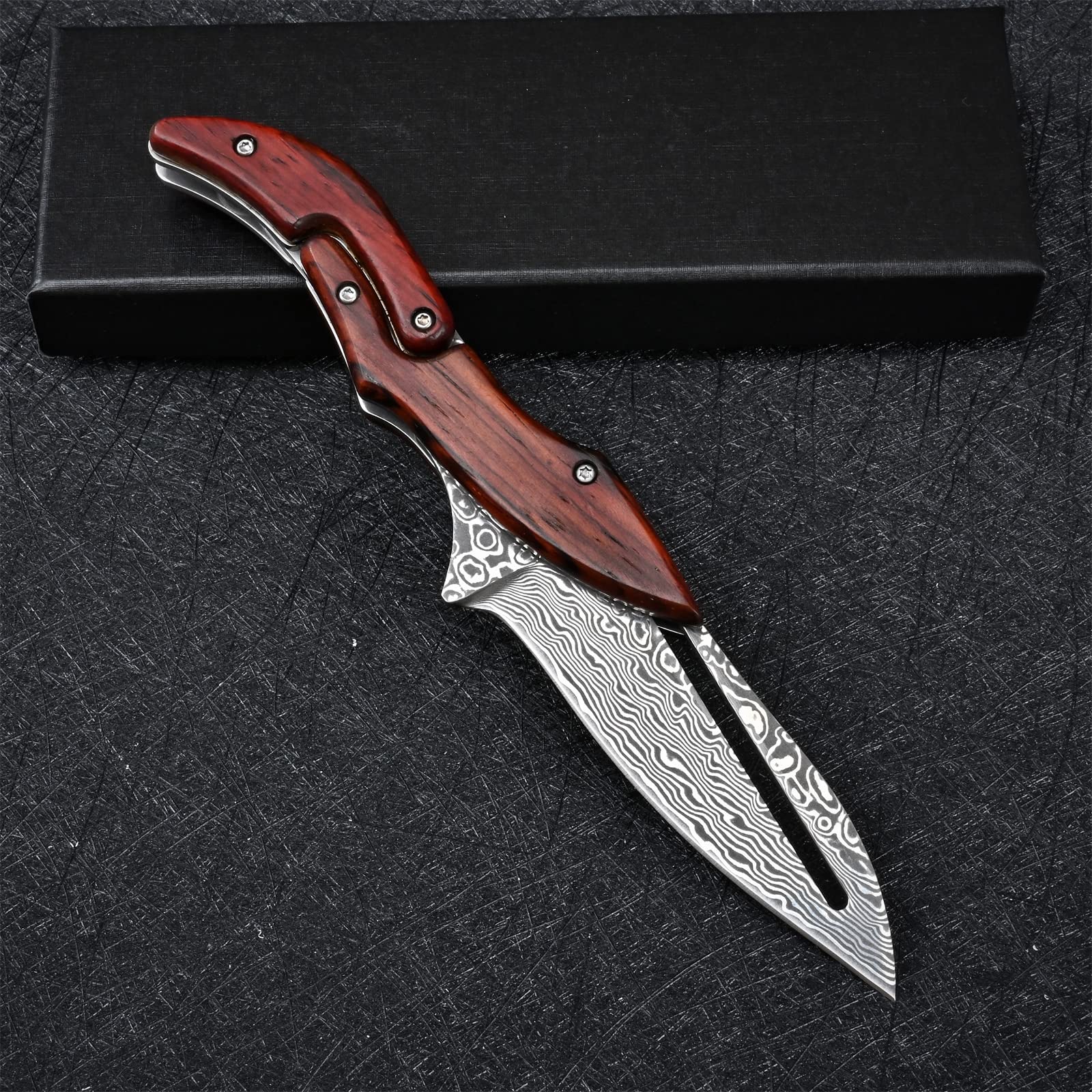 SDOKEDC Damascus Steel Folding Knife Pocket Knife Yellow Sandalwood Handle Mechanical Lock Outdoor Camping Survival (Curved blade)