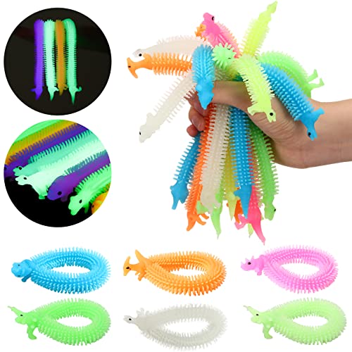 12 Pcs Stretchy Strings Fidget Toys Stress Relief Toys Fidget Stretchy Noodles Dinosaur Sensory Noodle Strings Glow in The Dark Autism Toys Teens Adult Christmas Stocking Stuffers Party Favors