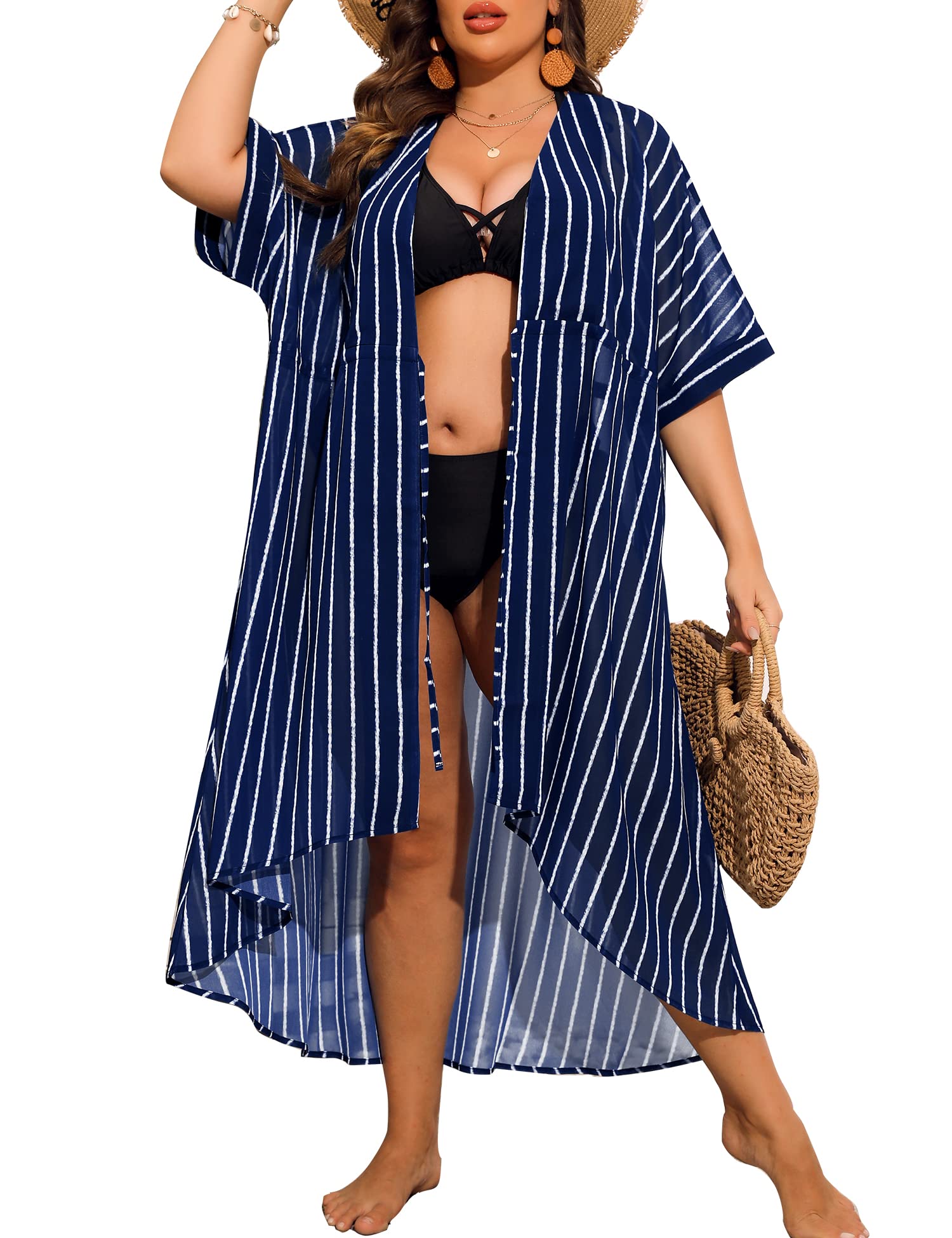 SWOMOG Women Cover Ups Plus Size Swimsuit Chiffon Kimono Long Cardigan Open Front Bathing Suit Summer Flowy Bikini Beachwear