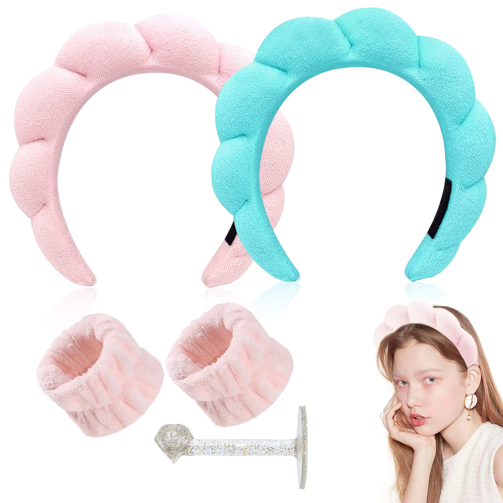 NewBang 2pcs Sponge Spa Headband for Women Terry Towel Cloth Fabric Skincare HeadBands Wristband for Washing Face Makeup Removal Shower Yoga Puffy Padded Soft Head Band Hairband Set Pink & Mint Green