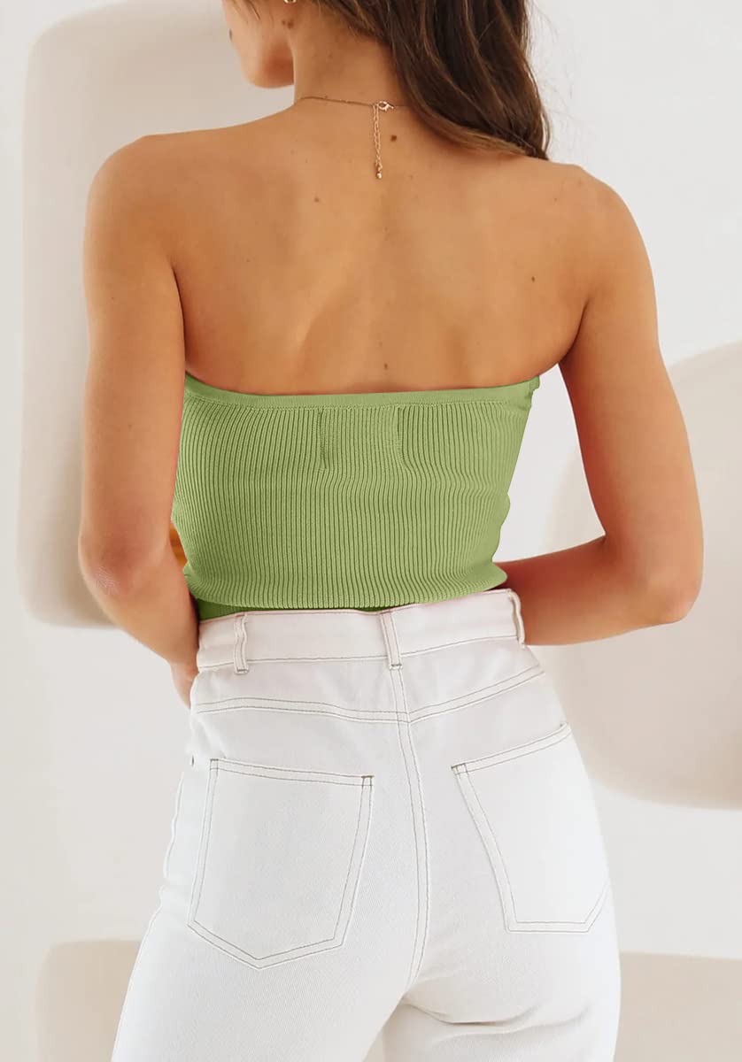 EFAN Womens Tube Tops Summer Sweater Twist Knot Front Knit Bandeau Strapless Ribbed Sleeveless Y2K Corset Crop Top Light Green S