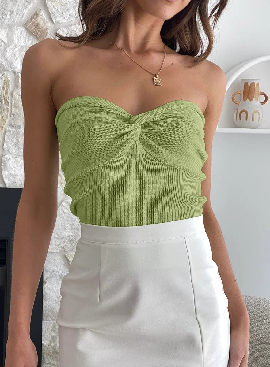 EFAN Womens Tube Tops Summer Sweater Twist Knot Front Knit Bandeau Strapless Ribbed Sleeveless Y2K Corset Crop Top Light Green S