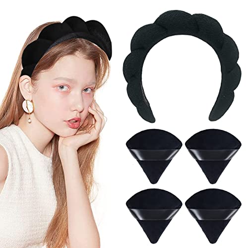 Spa Headband for Women, Makeup Headbands with Triangle Powder Puff, Sponge and Terry Towel Cloth Fabric Hair Band and Versed Headband for Face Washing, Makeup Removal, Shower, Skincare (Black)