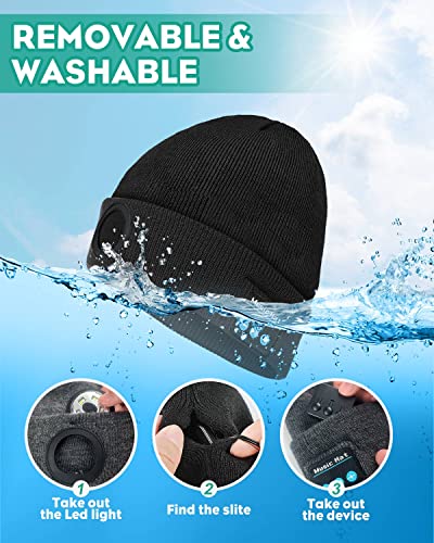 Bluetooth Beanie Hat with Light 2 Pack, 5 LED Rechargeable Headlamp Cap with Wireless Headphones, Unisex Knitted Bluetooth Hat, Women Men Gift Stocking Stuffers for Dad Father Husband (Black&Grey)