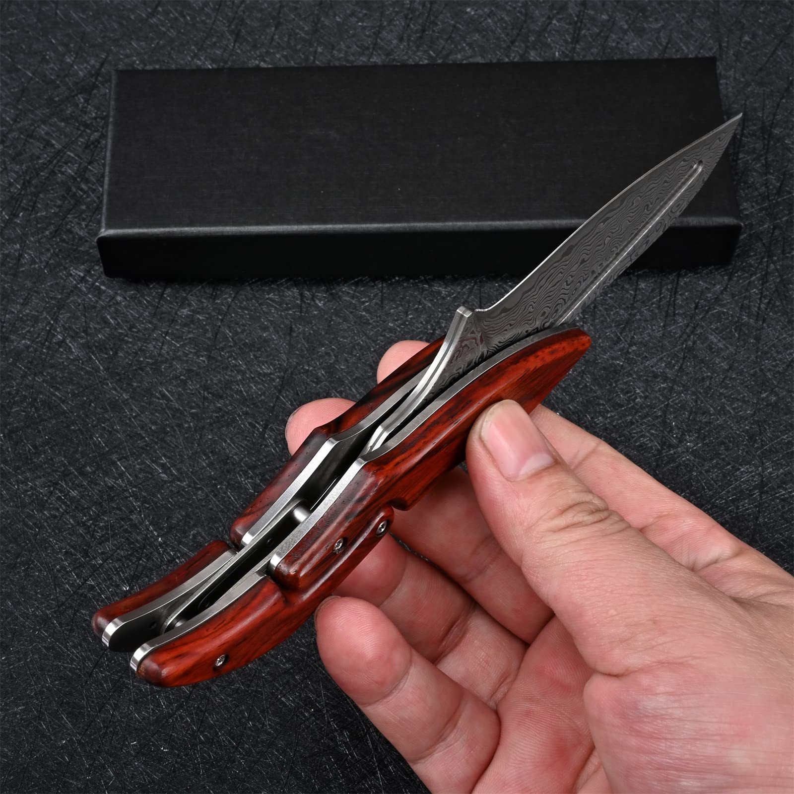 SDOKEDC Damascus Steel Folding Knife Pocket Knife Yellow Sandalwood Handle Mechanical Lock Outdoor Camping Survival (Curved blade)