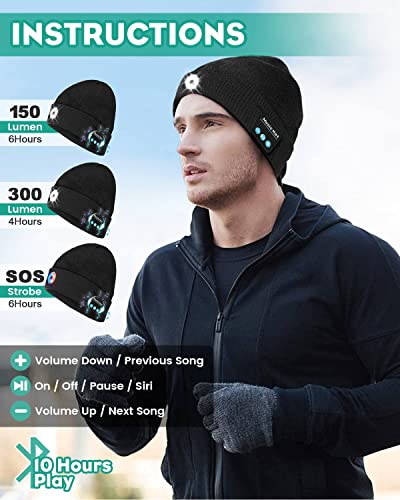 Bluetooth Beanie Hat with Light 2 Pack, 5 LED Rechargeable Headlamp Cap with Wireless Headphones, Unisex Knitted Bluetooth Hat, Women Men Gift Stocking Stuffers for Dad Father Husband (Black&Grey)