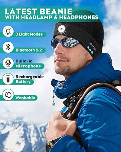 Bluetooth Beanie Hat with Light 2 Pack, 5 LED Rechargeable Headlamp Cap with Wireless Headphones, Unisex Knitted Bluetooth Hat, Women Men Gift Stocking Stuffers for Dad Father Husband (Black&Grey)