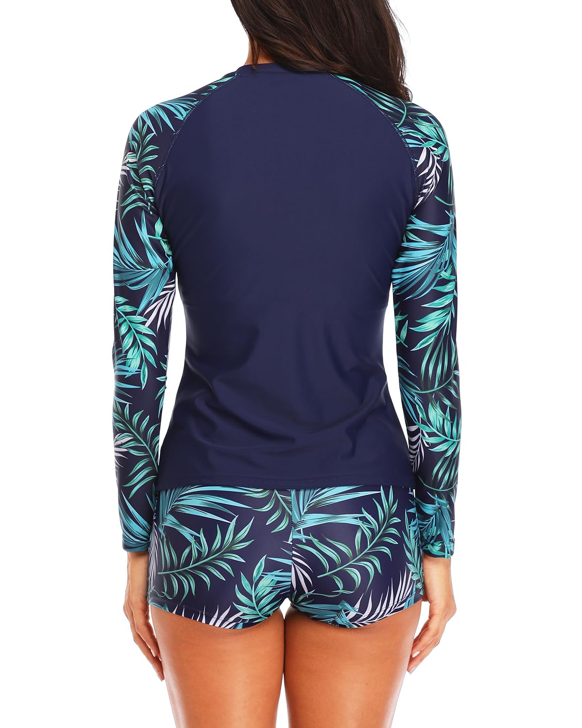 Daci Women Blue Leaves Two Piece Rash Guard Long Sleeve Swimsuits UV UPF 50+ Swim Shirt Bathing Suit with Boyshort Bottom XXL