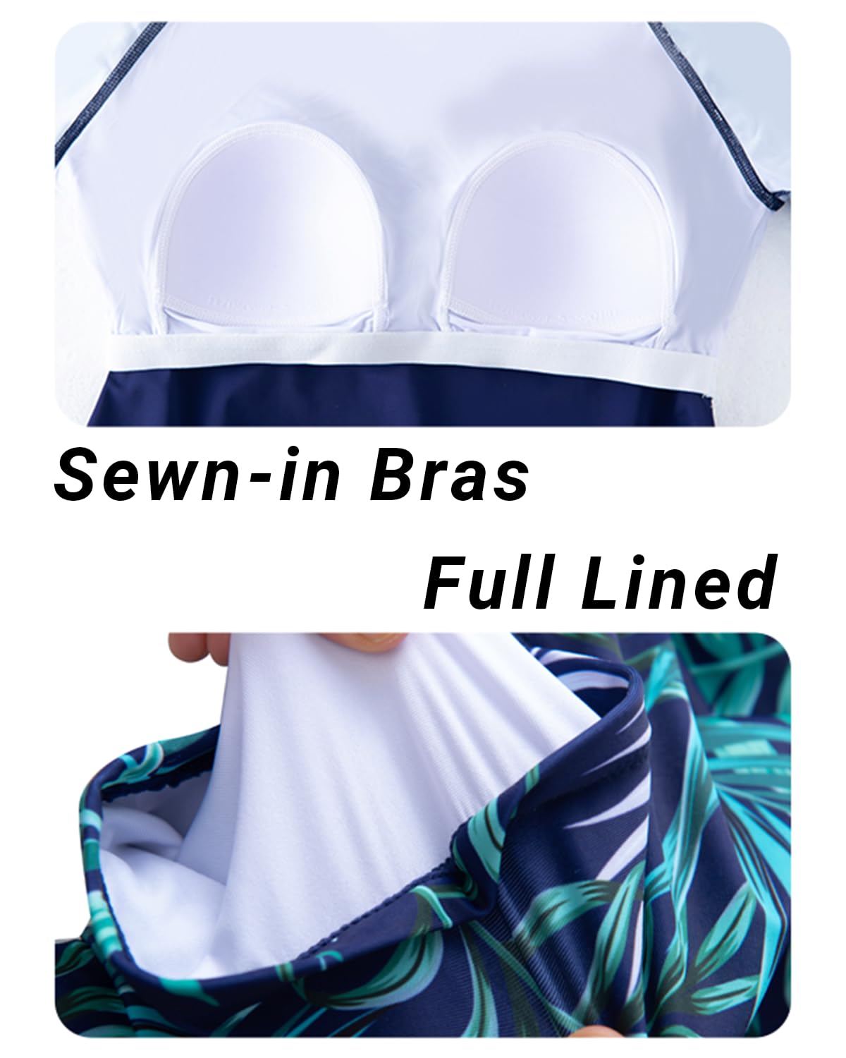 Daci Women Blue Leaves Two Piece Rash Guard Long Sleeve Swimsuits UV UPF 50+ Swim Shirt Bathing Suit with Boyshort Bottom XXL