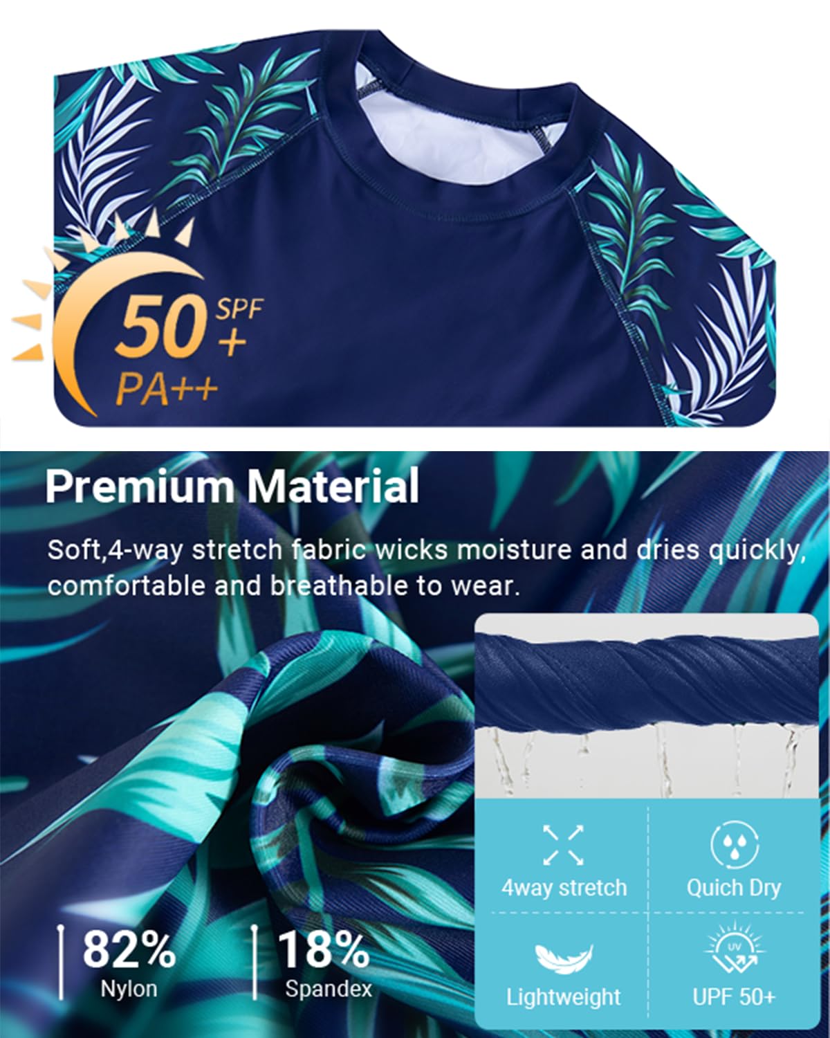 Daci Women Blue Leaves Two Piece Rash Guard Long Sleeve Swimsuits UV UPF 50+ Swim Shirt Bathing Suit with Boyshort Bottom XXL