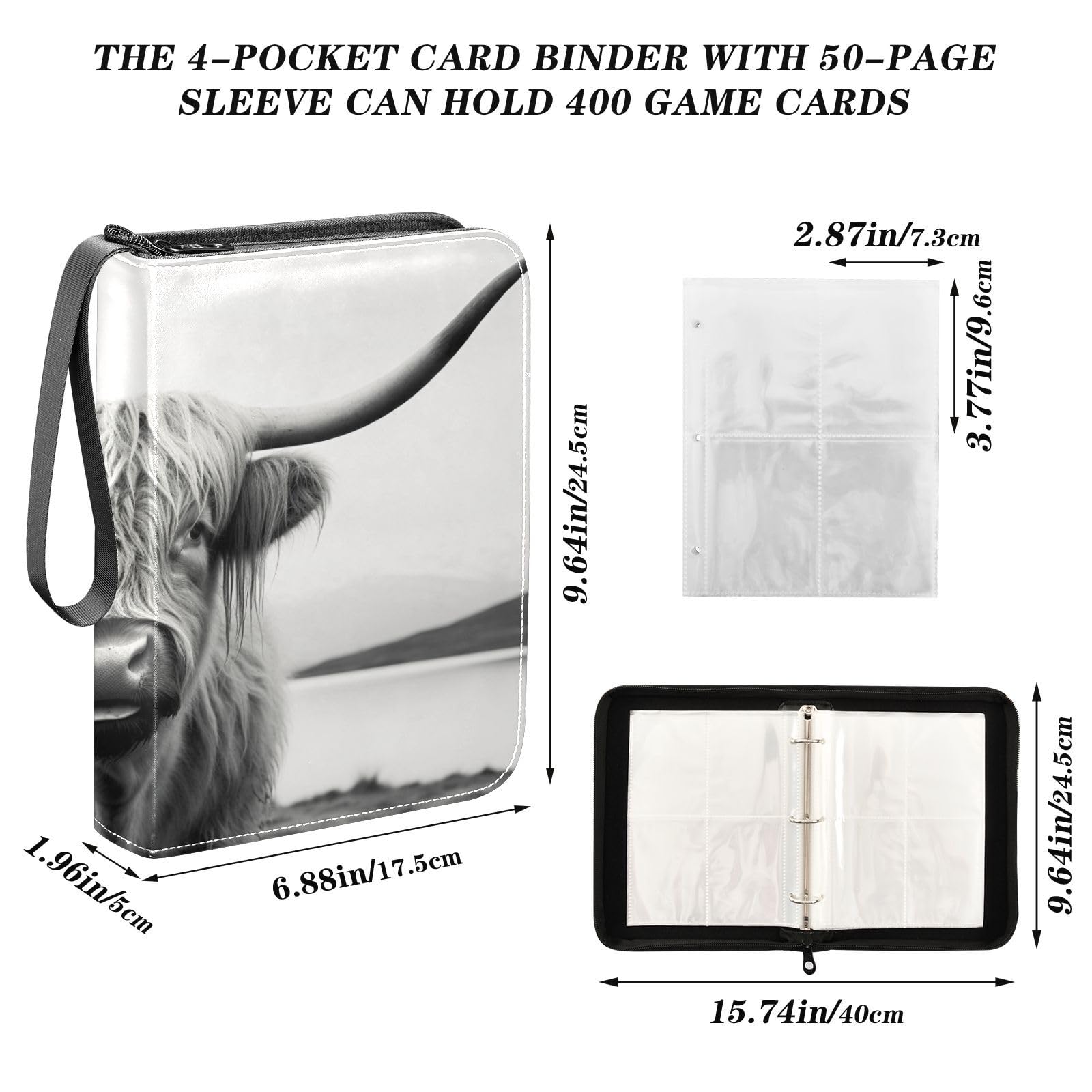 PYBUG Highland Cow Trading Card Binder with Nylon Strap 4-Pocket Waterproof PU Leather Card Collection Binder for 400 Cards Sturdy Card Holder Folders for Game Cards,Sports Cards