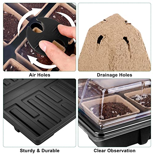 Hahood 6 Pack Seed Starter Tray Kit with 120 Square Peat Pots for Seedlings, Including Plants Labels, Planting Tools, Growing Trays Plastic Germination Tray Paper Starter Pods for Plant Seeds, Black