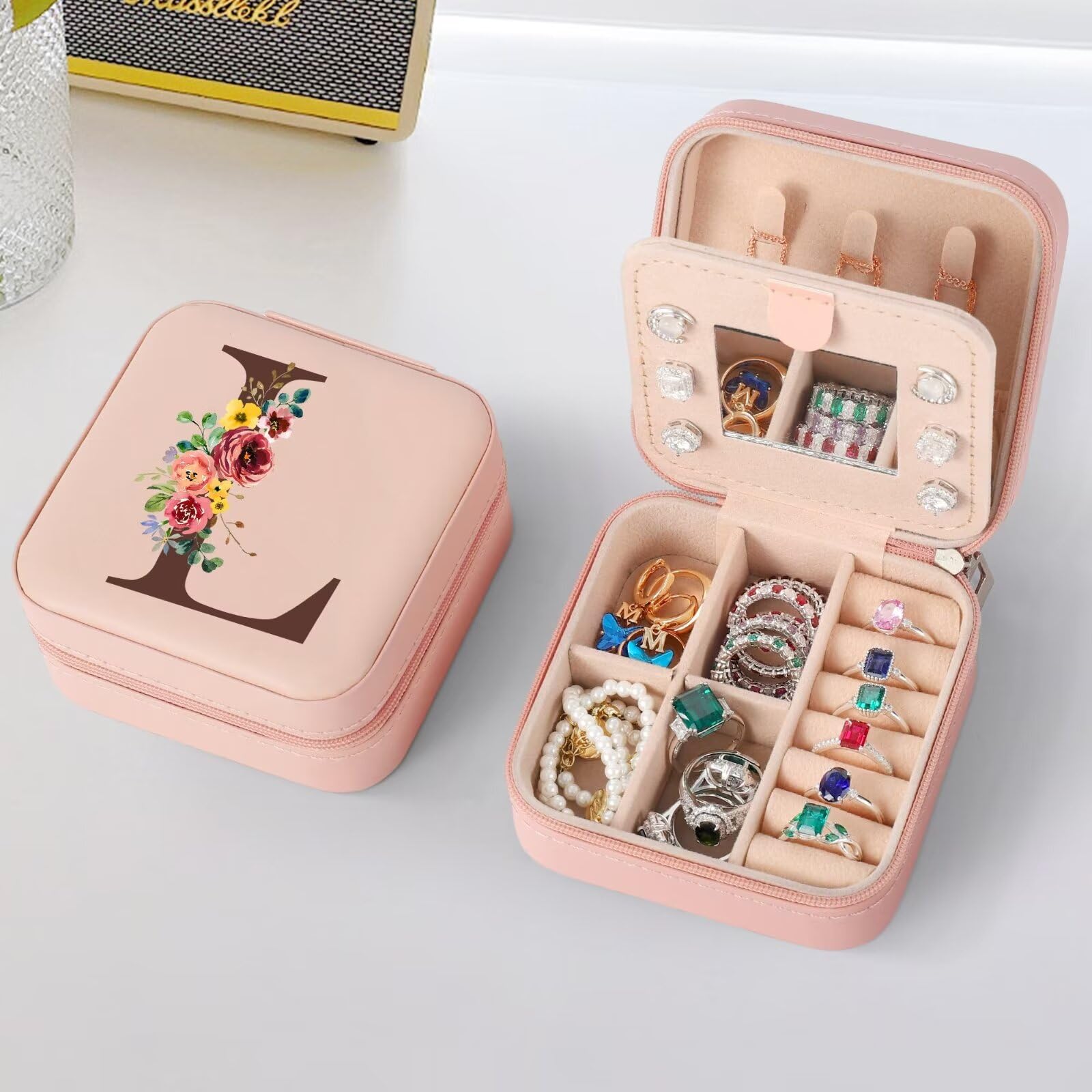 Parima Gifts for Women - Personalized Birthday Gifts for Women, Gifts for Women, Women Gifts Idea, Pink Initial Travel Jewelry Case Jewelry Box for Women Jewelry Organizer - Letter L, Pink