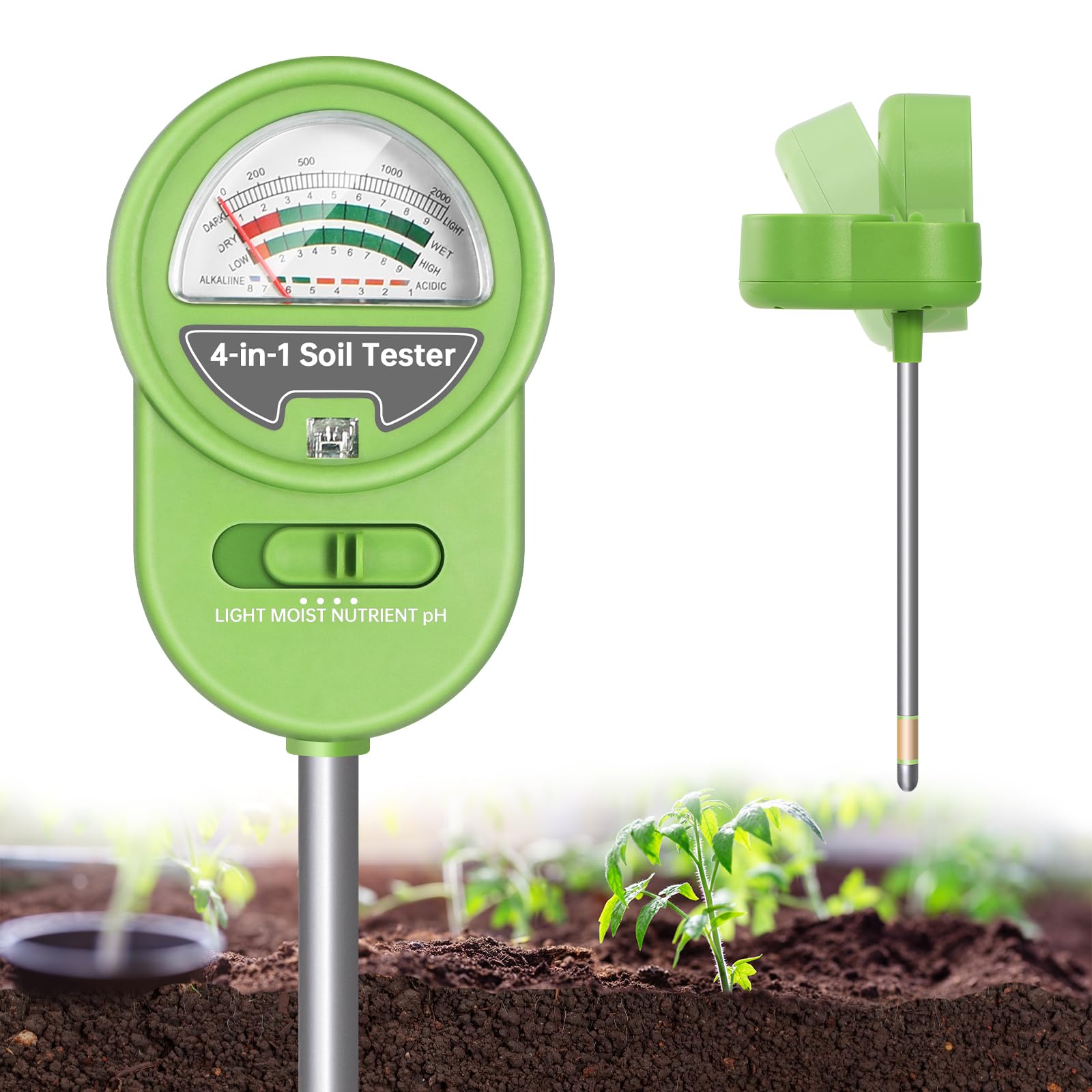 Soil Moisture Meter 4-in-1 Soil Ph Meter Water Monitor Soil Moisture/Light/Nutrients/pH Meter for Gardening Lawn Farming Indoor & Outdoor Promote Plants Healthy Growth No Batteries Required (Green)