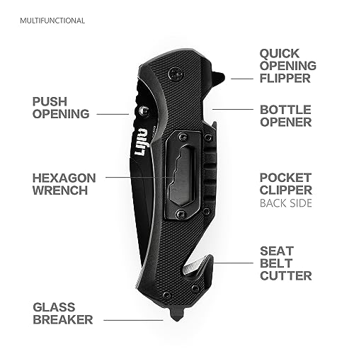 LI JIU Folding Pocket Knife - 8 inch Tactical Knife, made of high-carbon steel, Aluminum handle & Pocket Clip, Multifunctional design (Black)