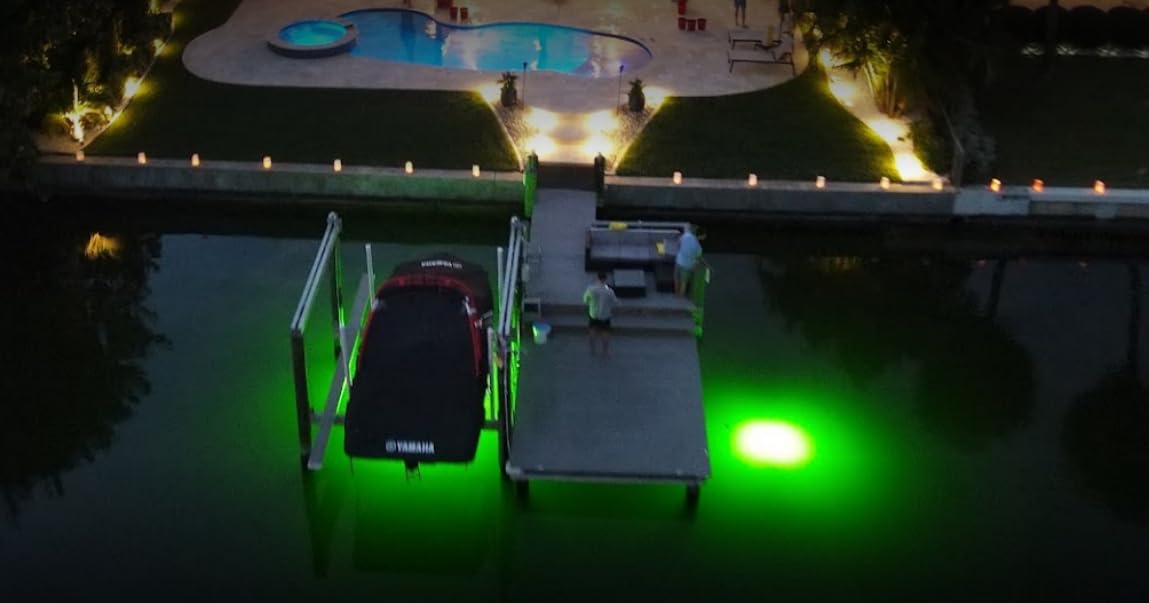 Saltwater Approved & Barnacle Burning Bulbs, Double Lamp Bright Green Underwater Fishing Light Kit, Dock & Fish Lights with 50' Cords (7,900 Lumens Each Bulb)