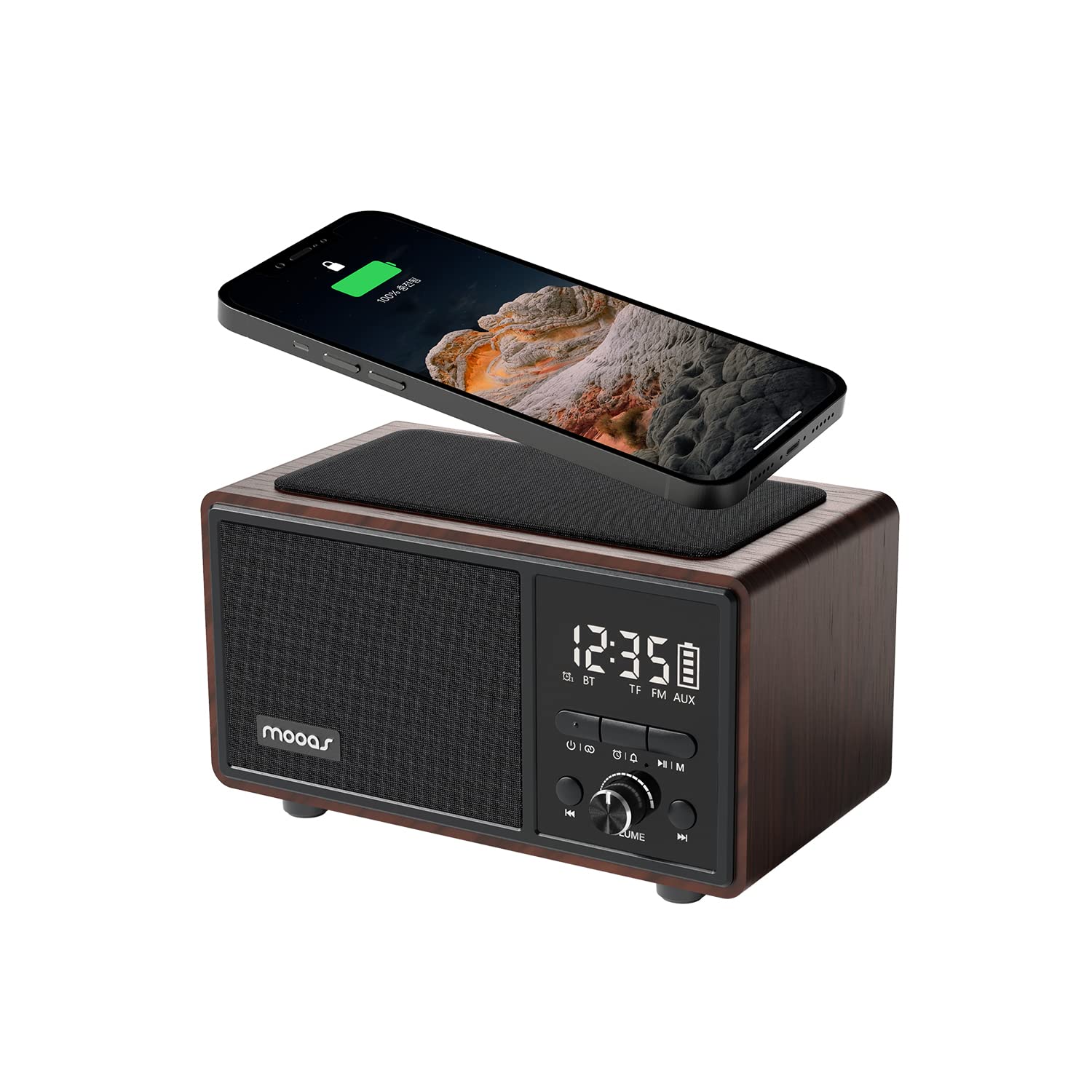 mooas Retro Bluetooth Radio Speaker Vintage Charging Desk Clock Portable Bedside Analog Antique Old School FM Radio Tabletop Alarm Clock Hands-Free Calling Supports AUX for Kitchen Bedroom Office