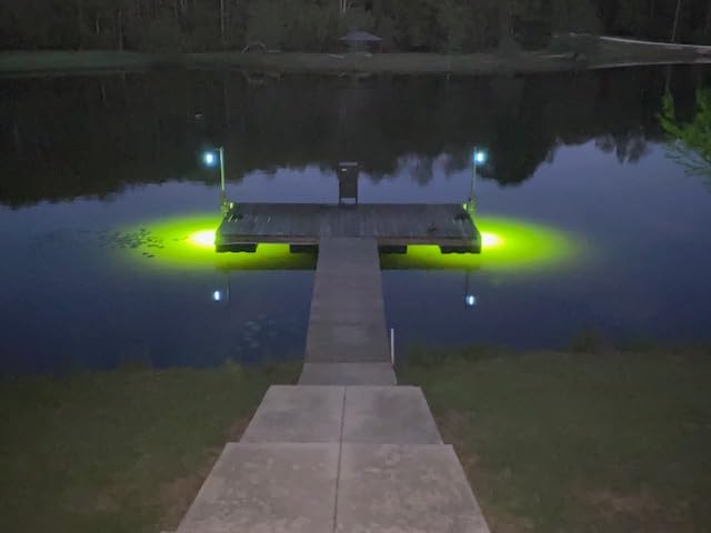 Saltwater Approved & Barnacle Burning Bulbs, Double Lamp Bright Green Underwater Fishing Light Kit, Dock & Fish Lights with 50' Cords (7,900 Lumens Each Bulb)