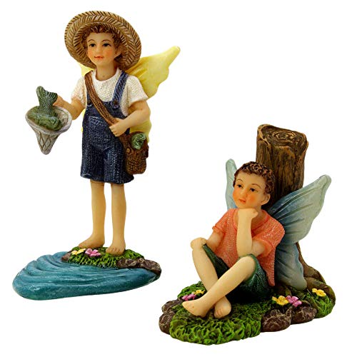 PRETMANNS Fairy Garden Fairy Figurines - Adorable Fishing Boy Garden Fairies - Small Fairies for Gardens - The Boy Fairies are Ideal Accessories for an Outdoor Miniature Garden - 2 Fairies
