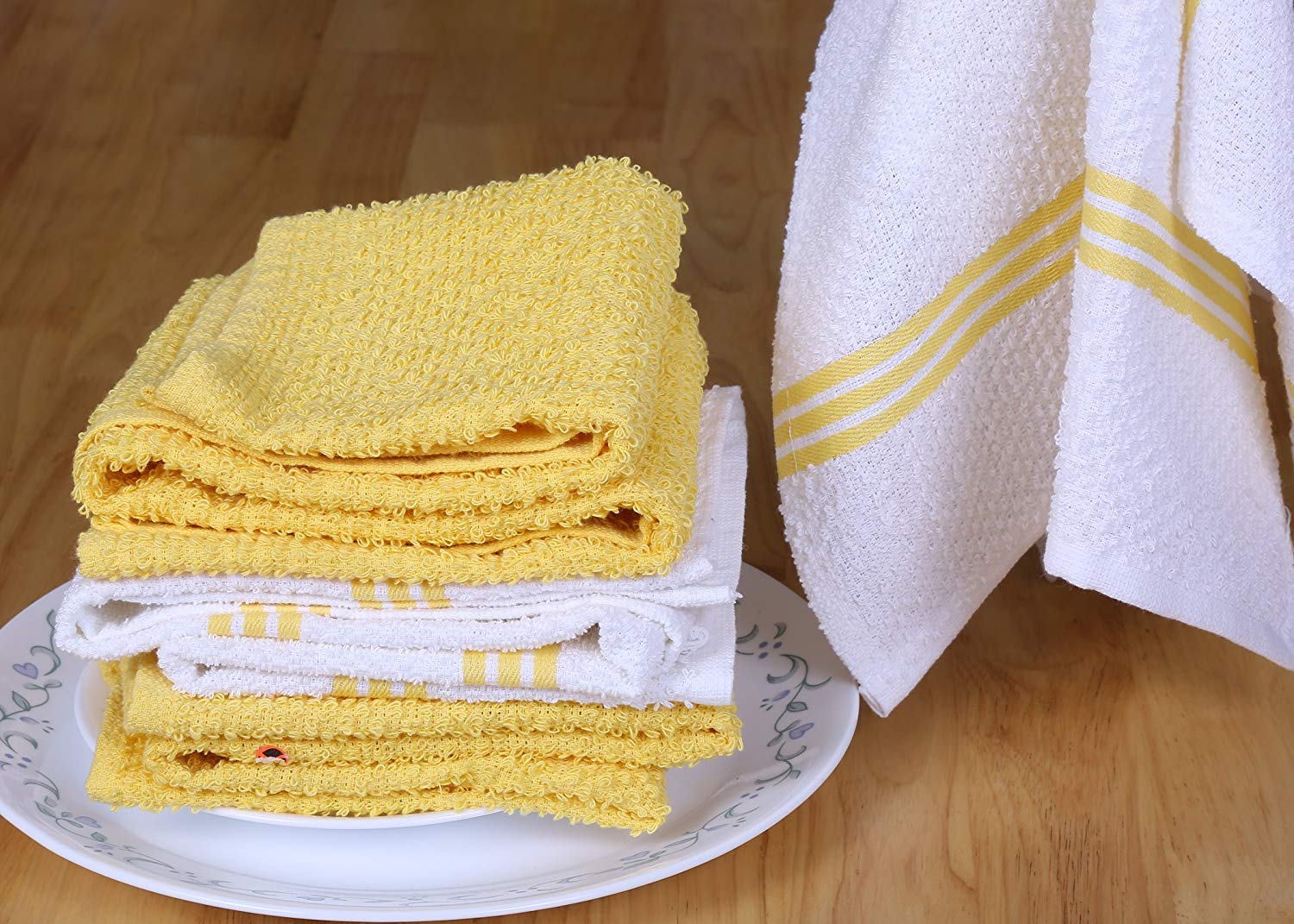 AMOUR INFINI Kitchen Towels Pack of 4 Absorbent, Quick Drying Premium Terry Cotton Dish Towel with Hanging Loop 16x28 Inch Hand & Tea Towels (Yellow)