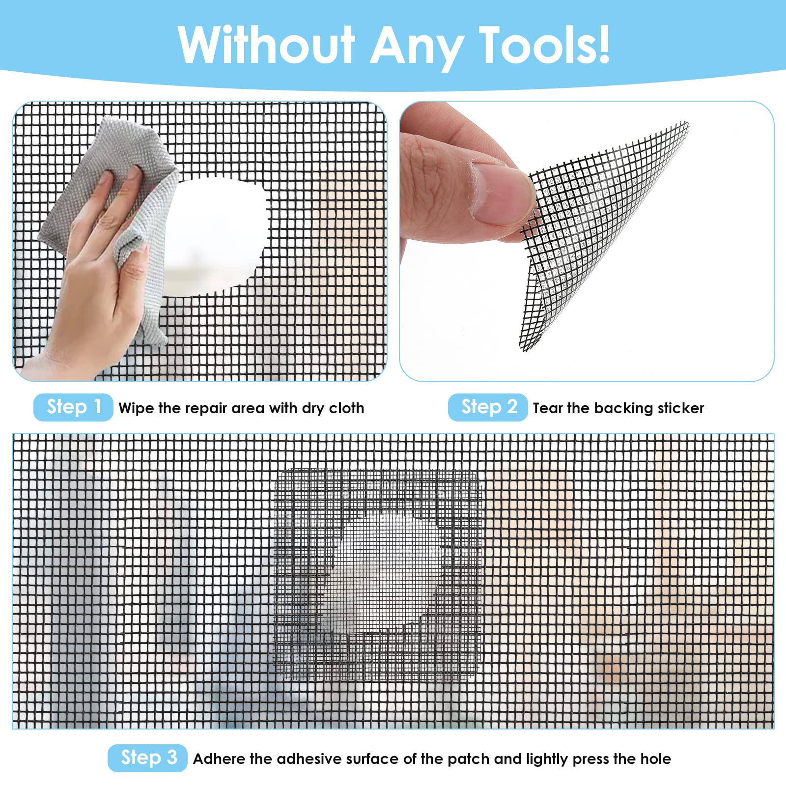 Cobee Self-Adhesive Window Screen Repair Patches Kit, 10 Sheets 3 Sizes Screen Door Replacement Repair Kit Fiberglass Mesh Wall Repair Patches Drywall Tools Wall Hole Quick Repair Patch(Black)