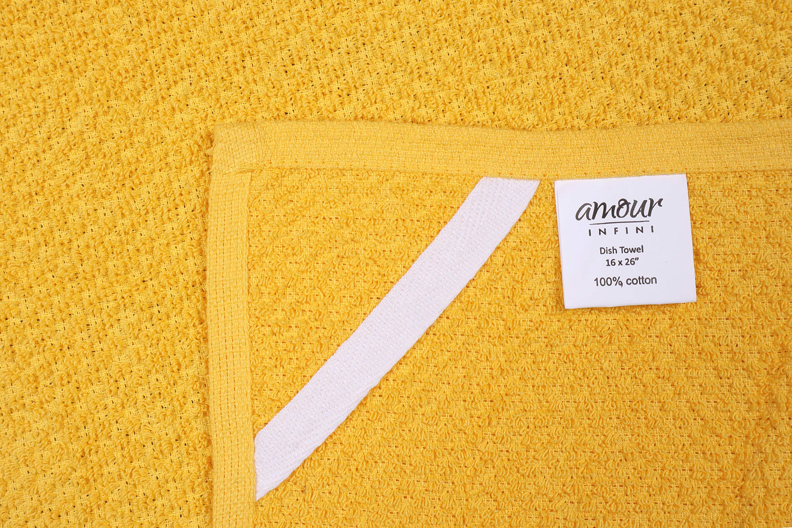 AMOUR INFINI Kitchen Towels Pack of 4 Absorbent, Quick Drying Premium Terry Cotton Dish Towel with Hanging Loop 16x28 Inch Hand & Tea Towels (Yellow)