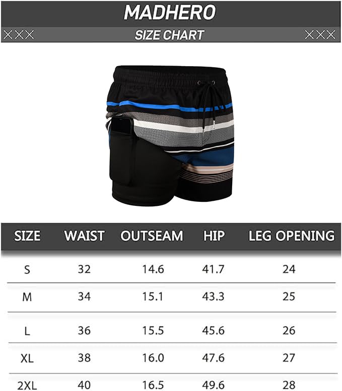 MADHERO Mens Swim Trunks with Compression Liner 2 in 1 Quick Dry Swimming Shorts Swimwear Striped Size M